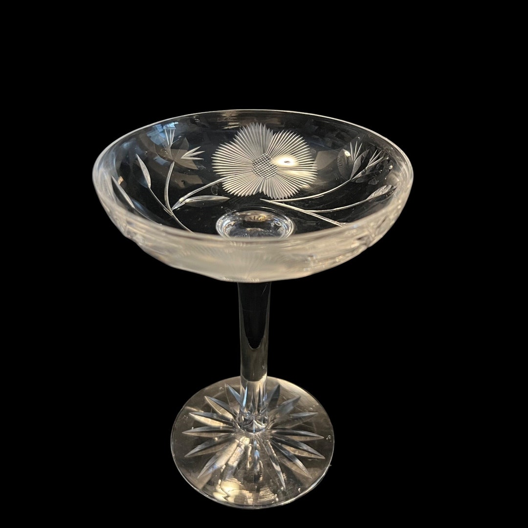 Vintage Clear Crystal Etched Floral Compote - Etsy