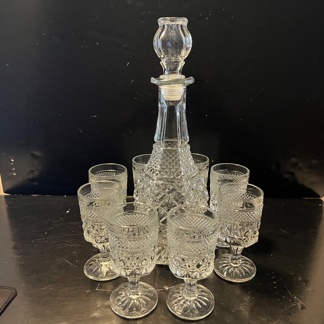 Vintage Anchor Hocking Wexford Clear Glass Decanter and Set of 8 ...