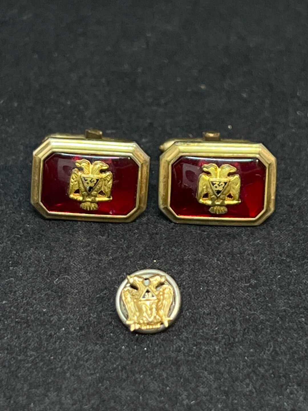Correct Quality Twin Headed Eagle Gold Tone and Red Cufflinks & Lapel ...