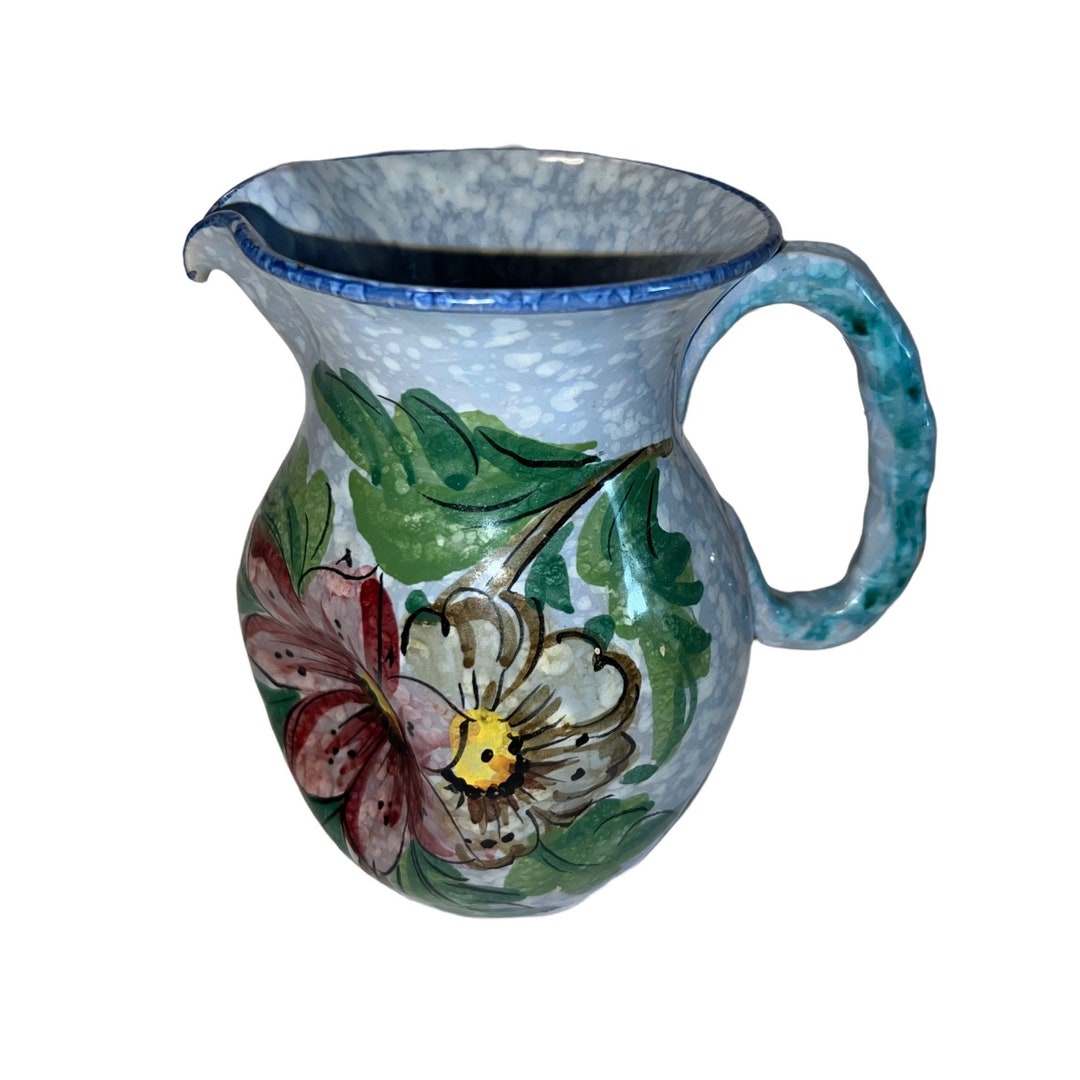 Vintage Blue Floral Ceramic Pitcher Italy - Etsy