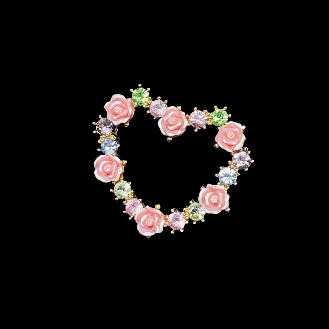 Avon Gold Tone, Rhinestone Heart Brooch With Lucite Rose Accents Signed ...