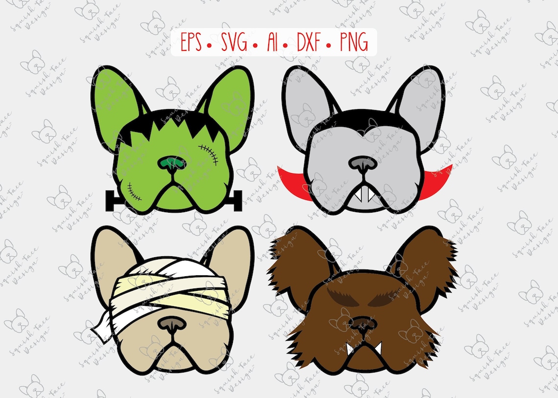 Frenchie Monsters, Frankenstein, Dracula, Mummy, Wolfman, Bulldog ...