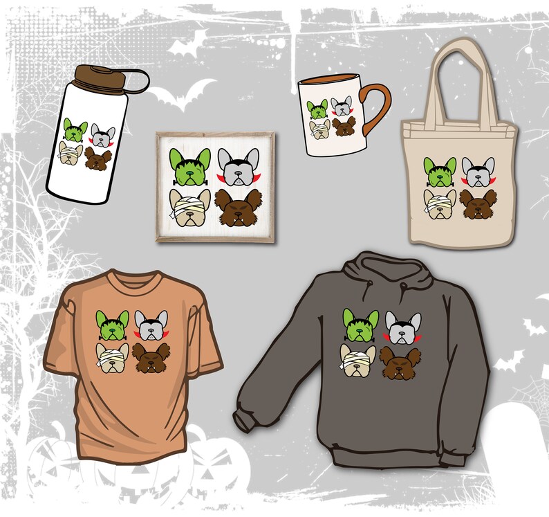 Frenchie Monsters, Frankenstein, Dracula, Mummy, Wolfman, Bulldog ...