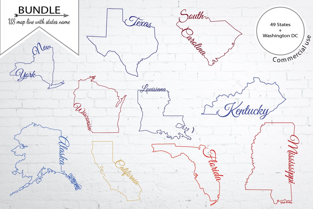 Bundle Digital America US States Map Lines With State Names - Etsy