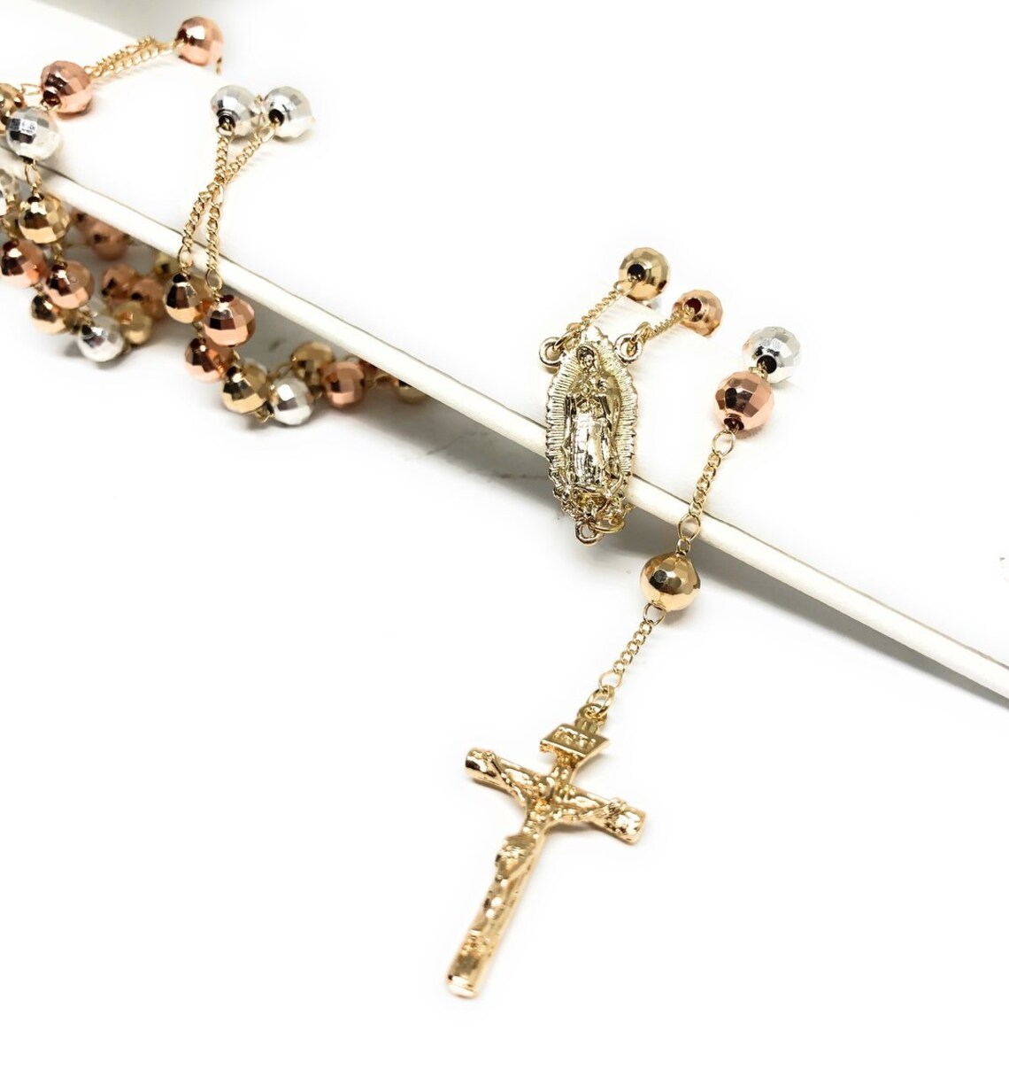 Gold Plated Tri-color Virgin Mary Rosary Necklace Virgen Guadalupe ...