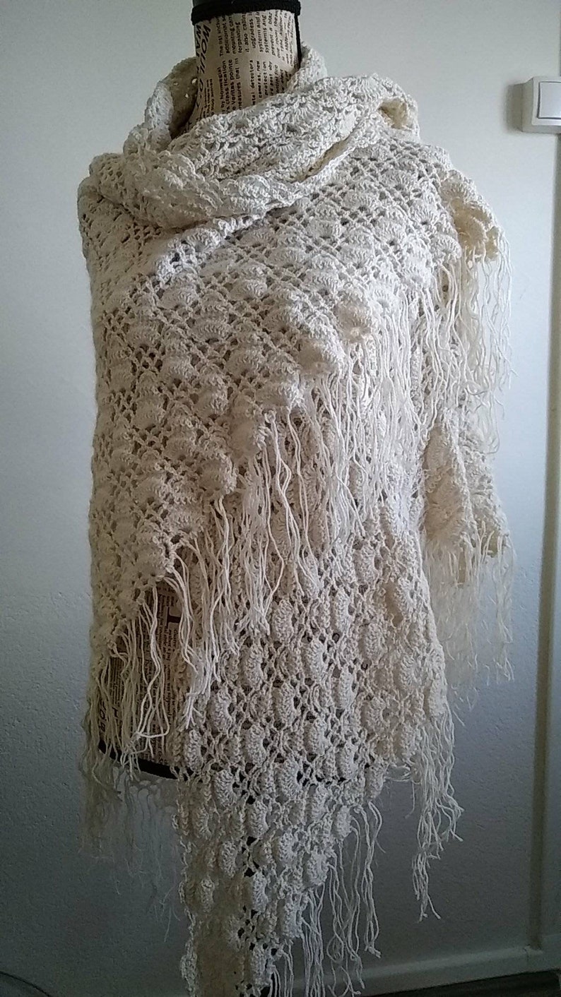 Châle blanc écru pure laine d'alpaga surfine fait-main au crochet pour ...