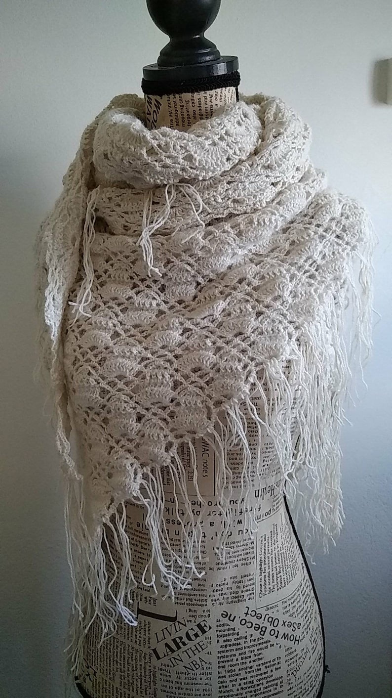 Châle blanc écru pure laine d'alpaga surfine fait-main au crochet pour ...