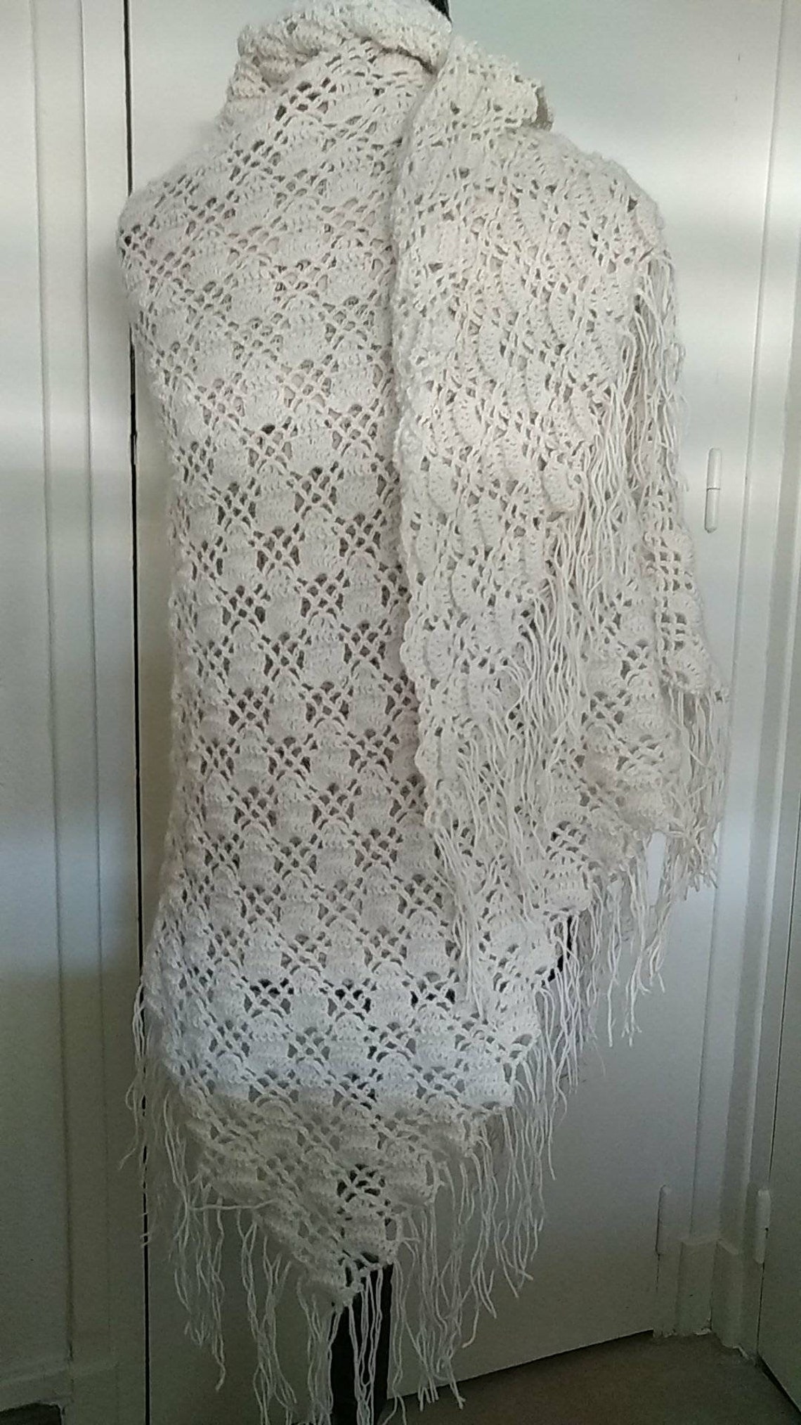 Châle blanc écru pure laine d'alpaga surfine fait-main au crochet pour ...