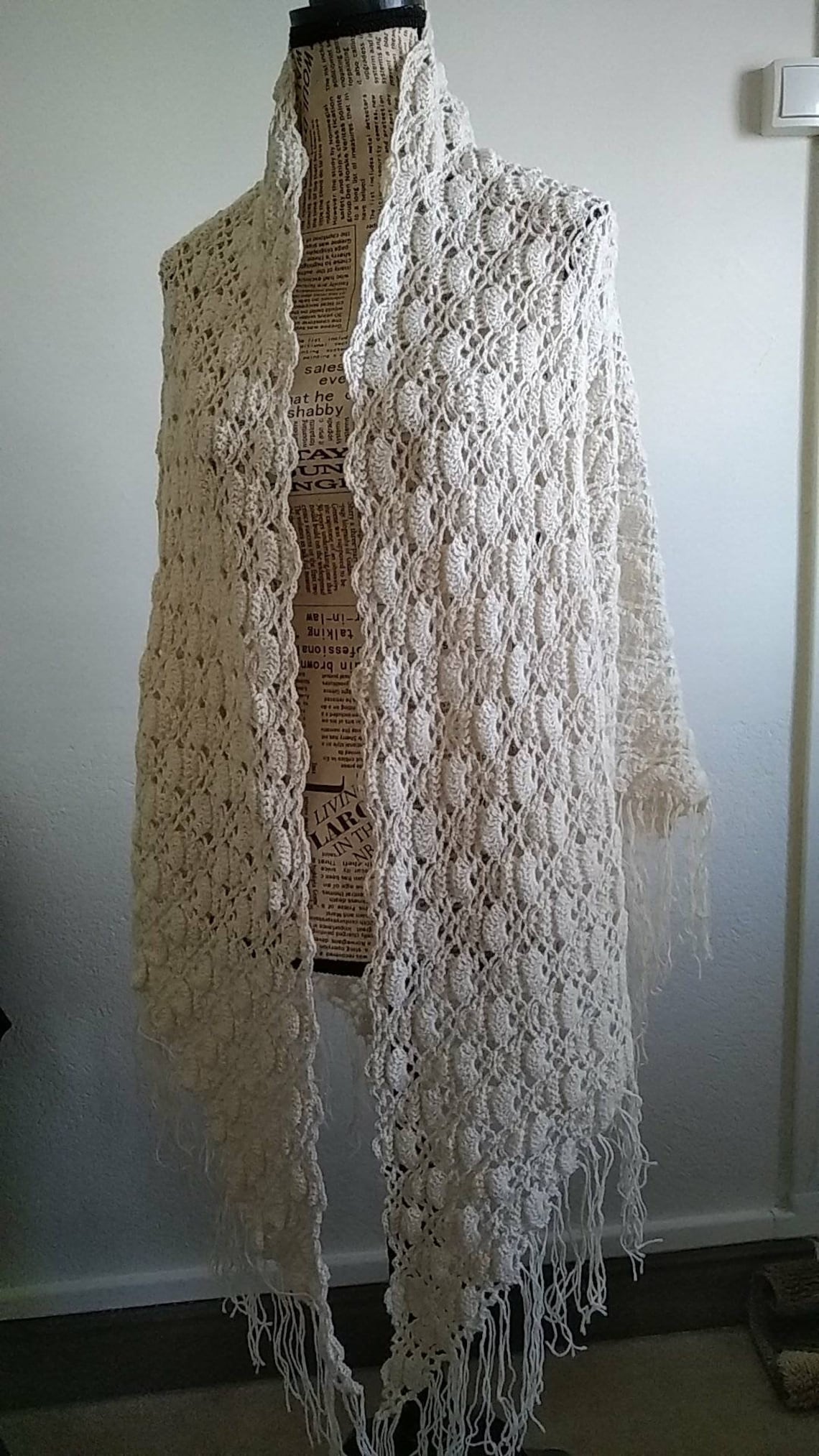 Châle blanc écru pure laine d'alpaga surfine fait-main au crochet pour ...