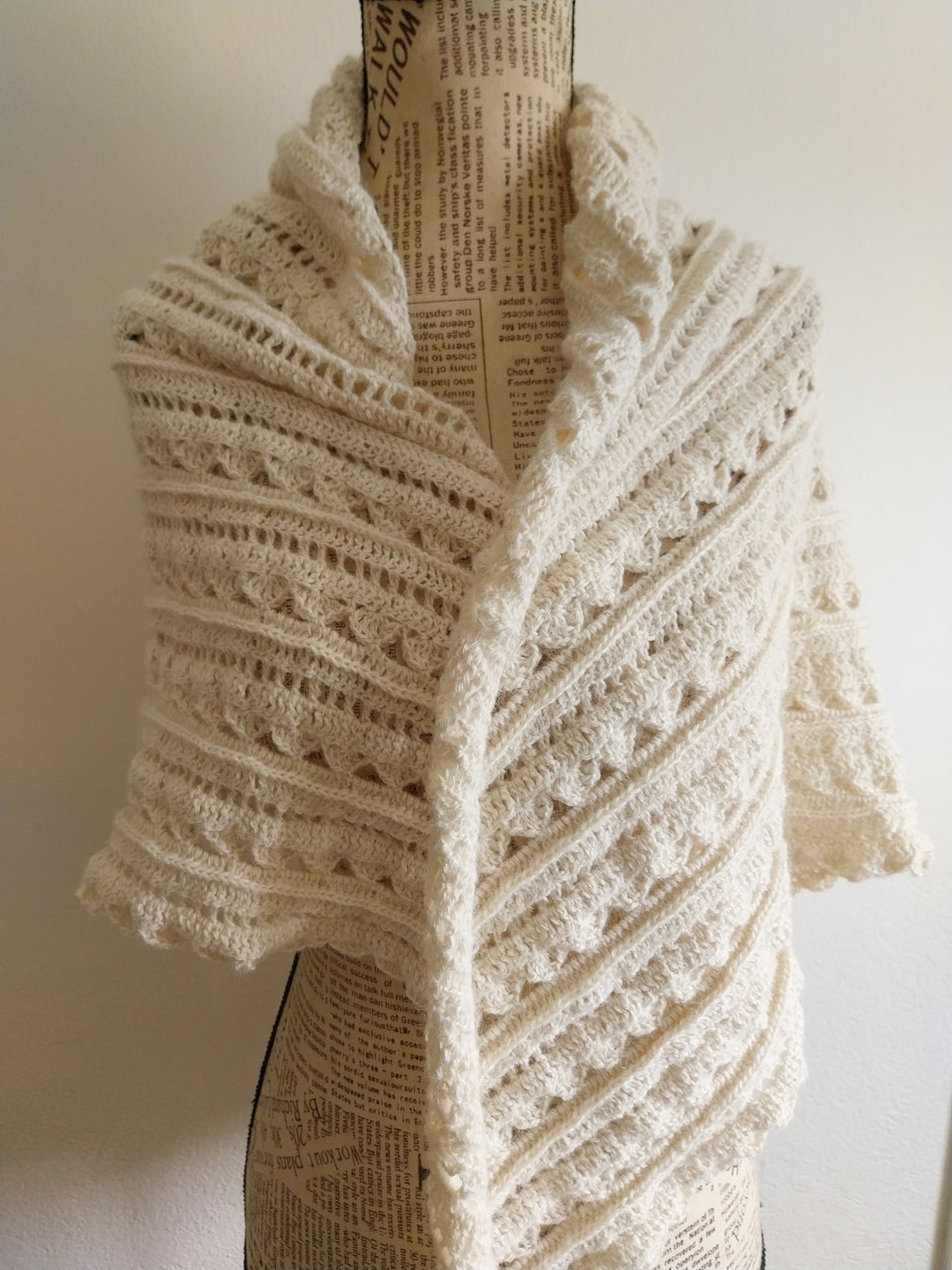 Shawl Stole Scarf Chunky White Pure Alpaca Wool Openwork Lace With ...