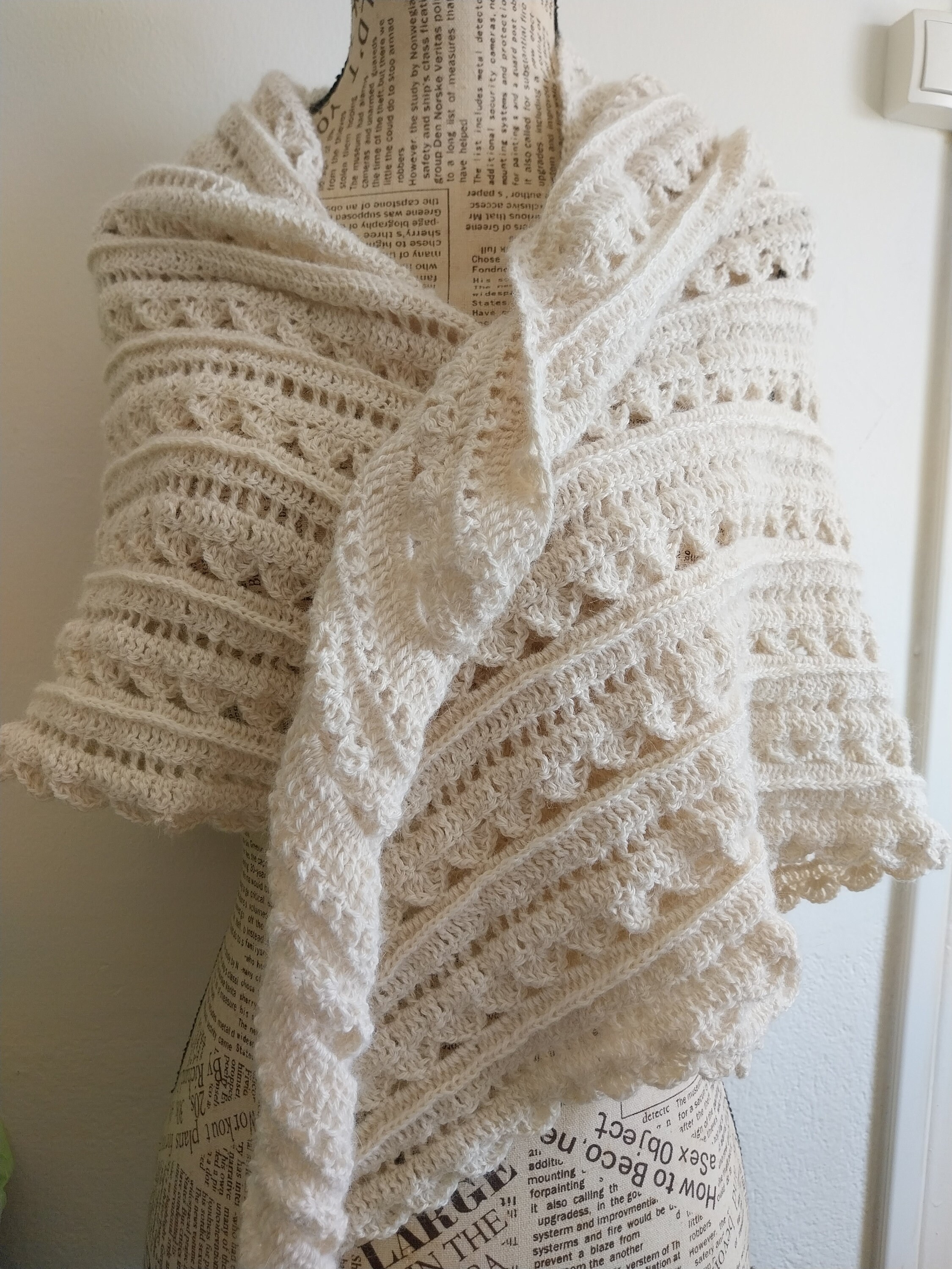 Shawl Stole Scarf Chunky White Pure Alpaca Wool Openwork Lace With ...