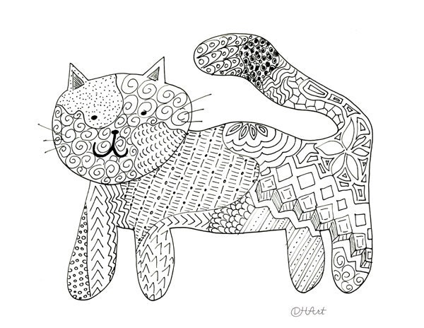 Zentangle Cat Coloring Page to Print and Color - Etsy
