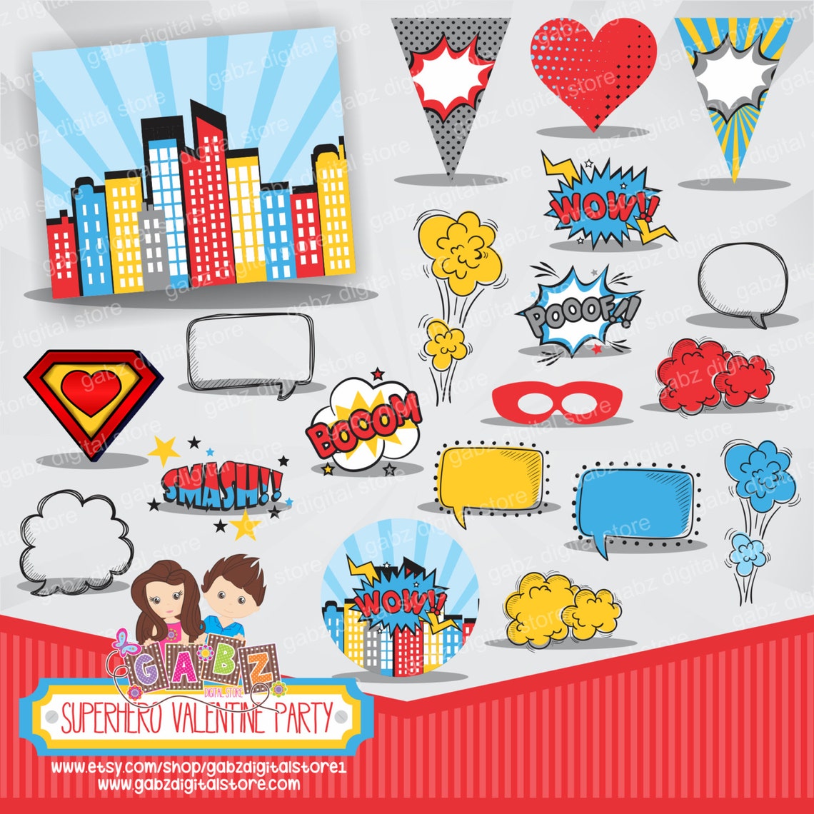 Superhero Valentine Party Clipart Digital Paper Birthday - Etsy