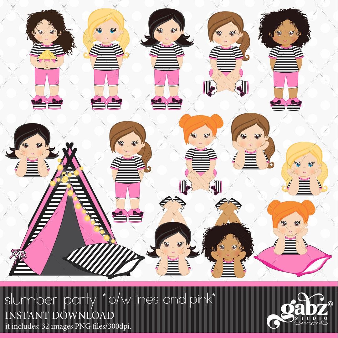 Slumber Party, B/W Lines and Pink, Slumber Party Girls, Girls Pajamas ...
