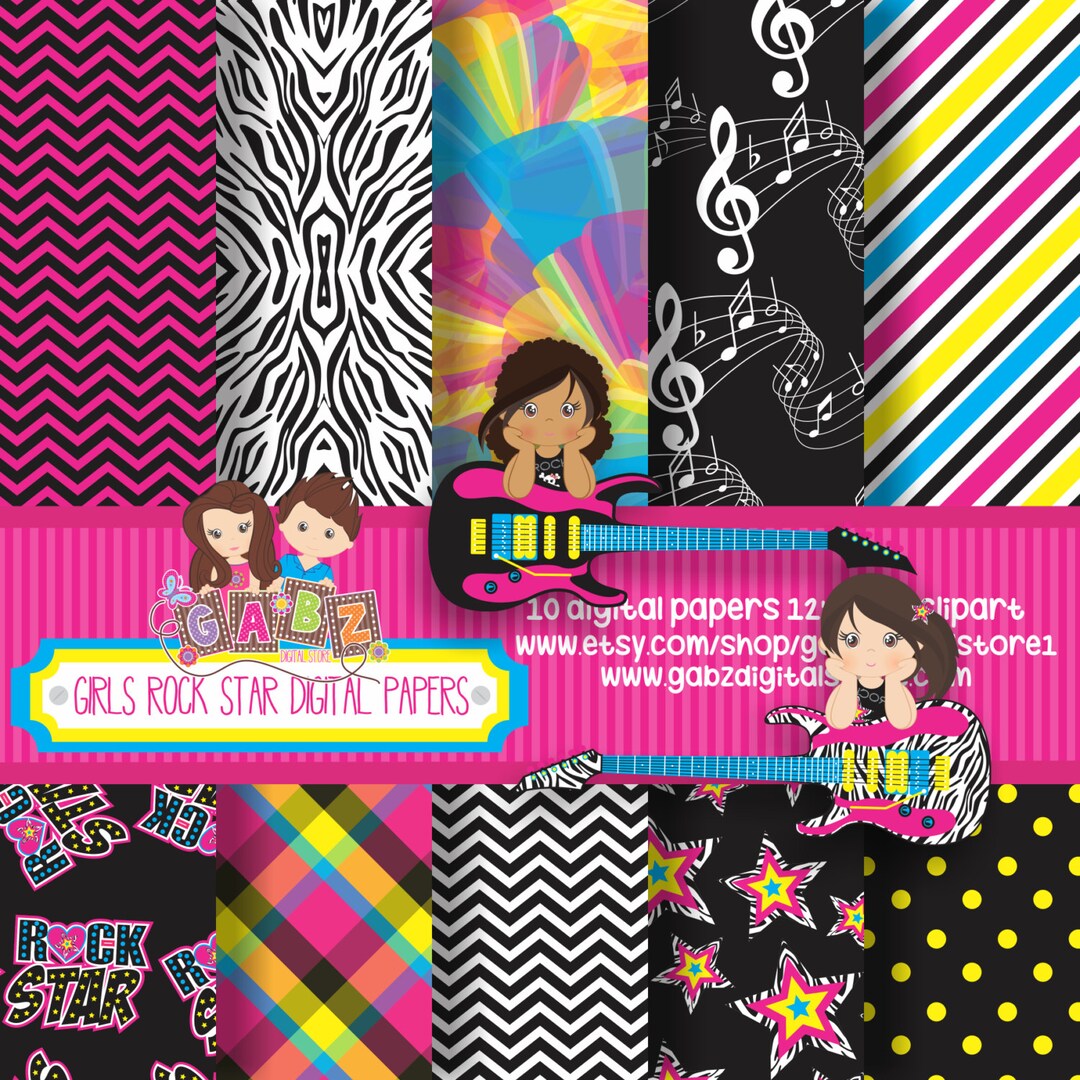 Girl Rock Star, Digital Papers, Party Girls, Birthday, Clipart, Frames ...