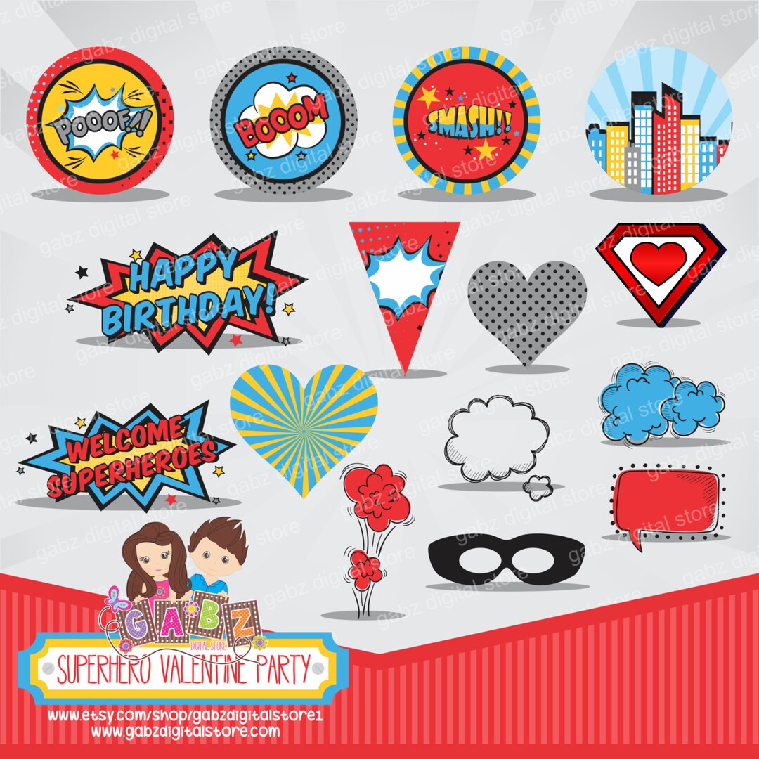 Superhero Valentine Party, Clipart, Digital Paper, Birthday Boy, Baby ...