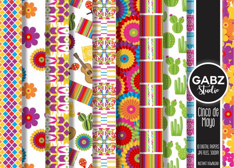 Cinco De Mayo, Mexican Party, Digital Paper, Aztec, Mexican Hat, Guitar ...