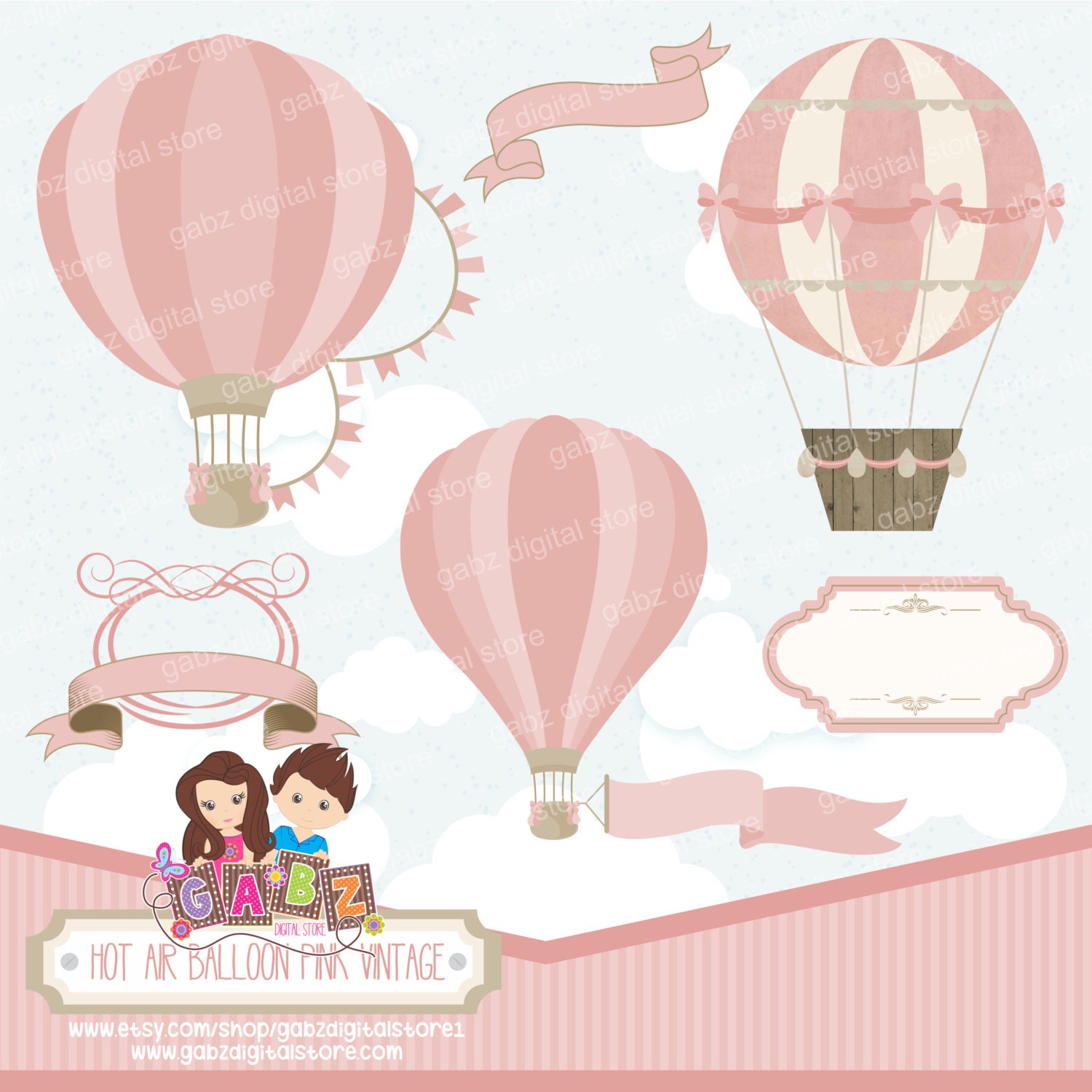 Hot Air Balloon Pink Vintage Clipart Digital Paper Birthday | Etsy