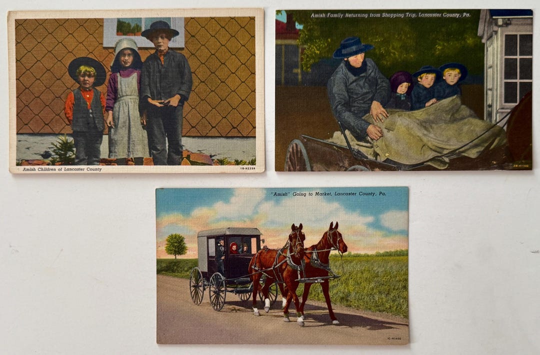 Amish Family Children Going to Market Lancaster, PA Linen Uncirculated ...