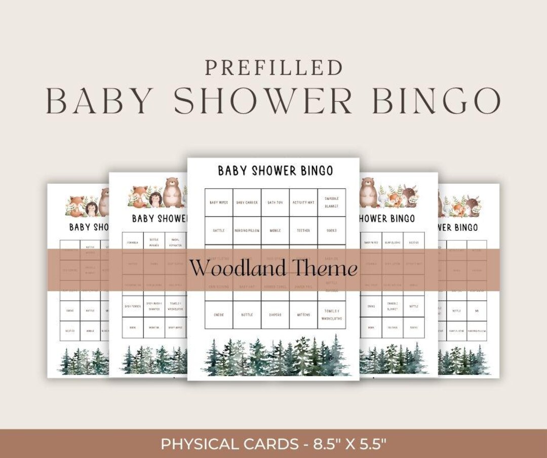 Baby Shower Bingo: 60 Cards, Prefilled, PHYSICAL CARDS, Woodland Theme ...