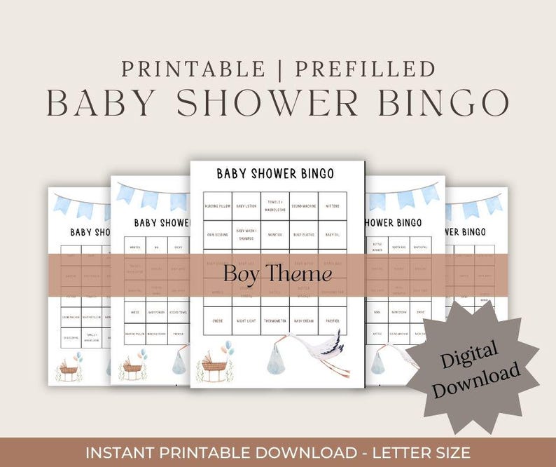 Baby Shower Bingo: 60 Cards, Prefilled, PRINTABLE Bingo Pdf, Boy Theme ...