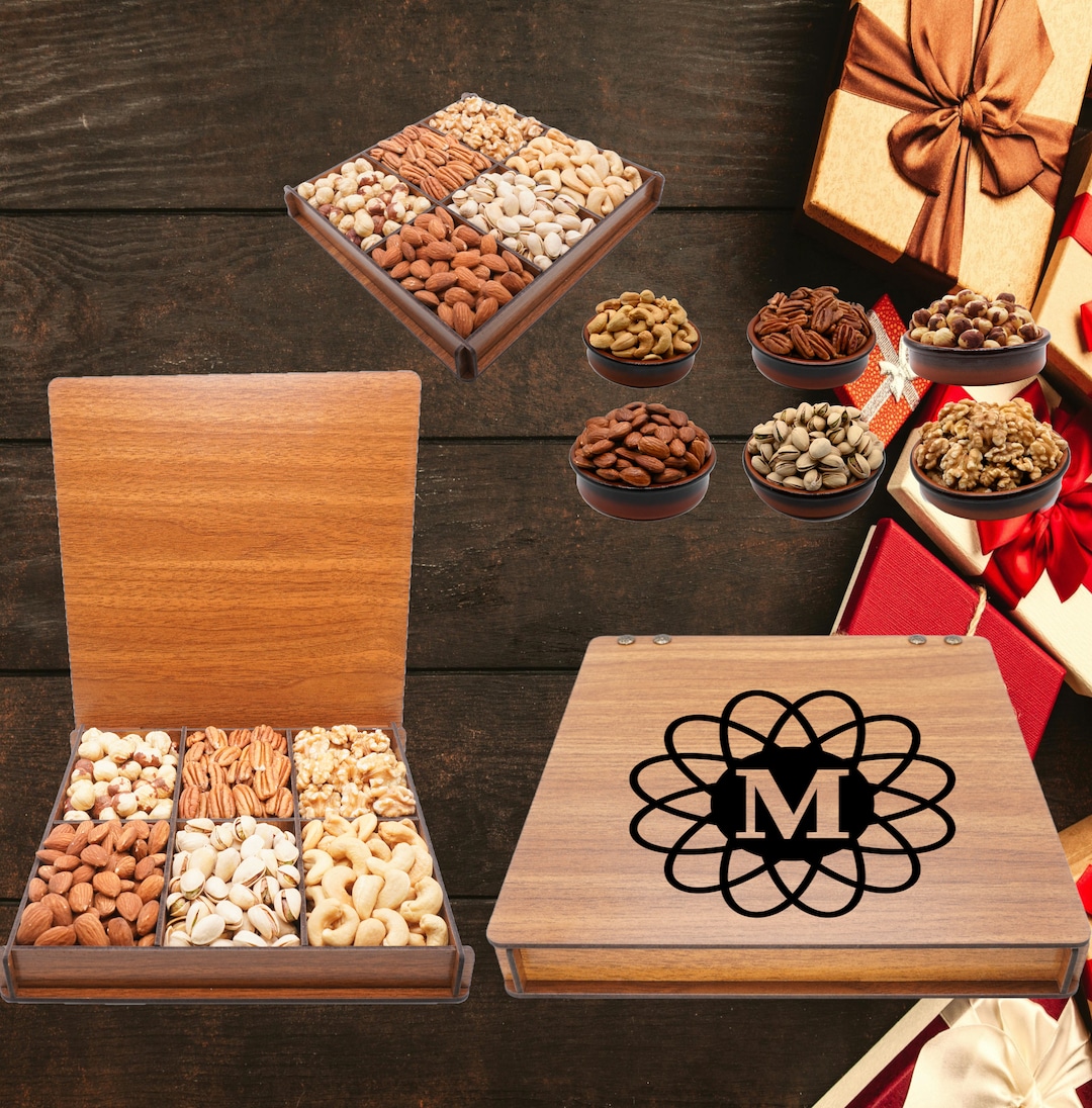Personalized Nut Gift Box: Gourmet Mixed Nuts, Wooden Tray, Special Occasions, Custom Text Nuts ...