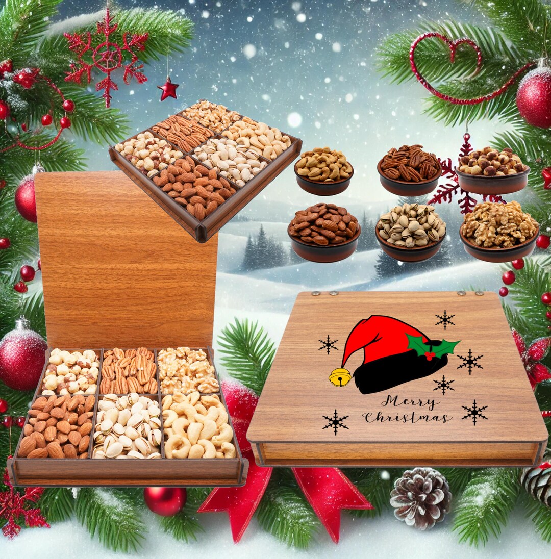 Merry Christmas Boxes, Holiday Mixed Nuts Basket, Christmas Gift Wood ...