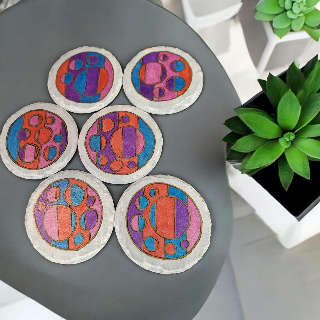 Hand Painted Round Slate Coaster Set of Six – Colorful Circles With ...