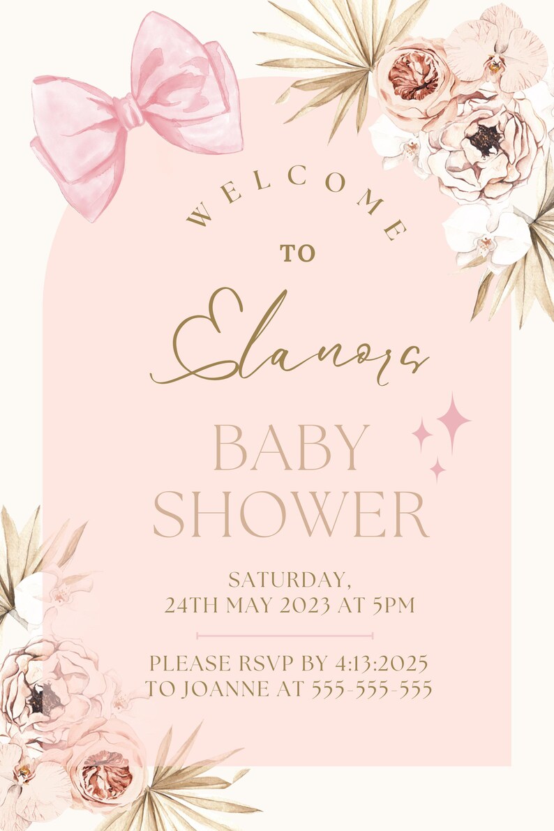 EDITABLE Pink Bow Invitation for Baby Shower, Minimalist Baby Shower ...
