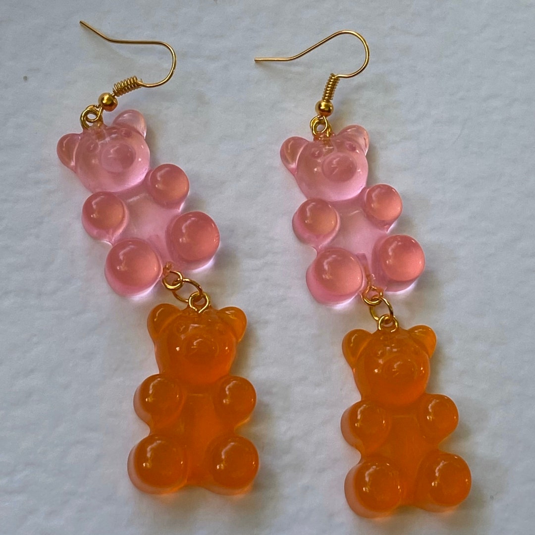 Pink and Orange, Double Extra Large Gummy Gummi Bear Earrings Fun G304 ...