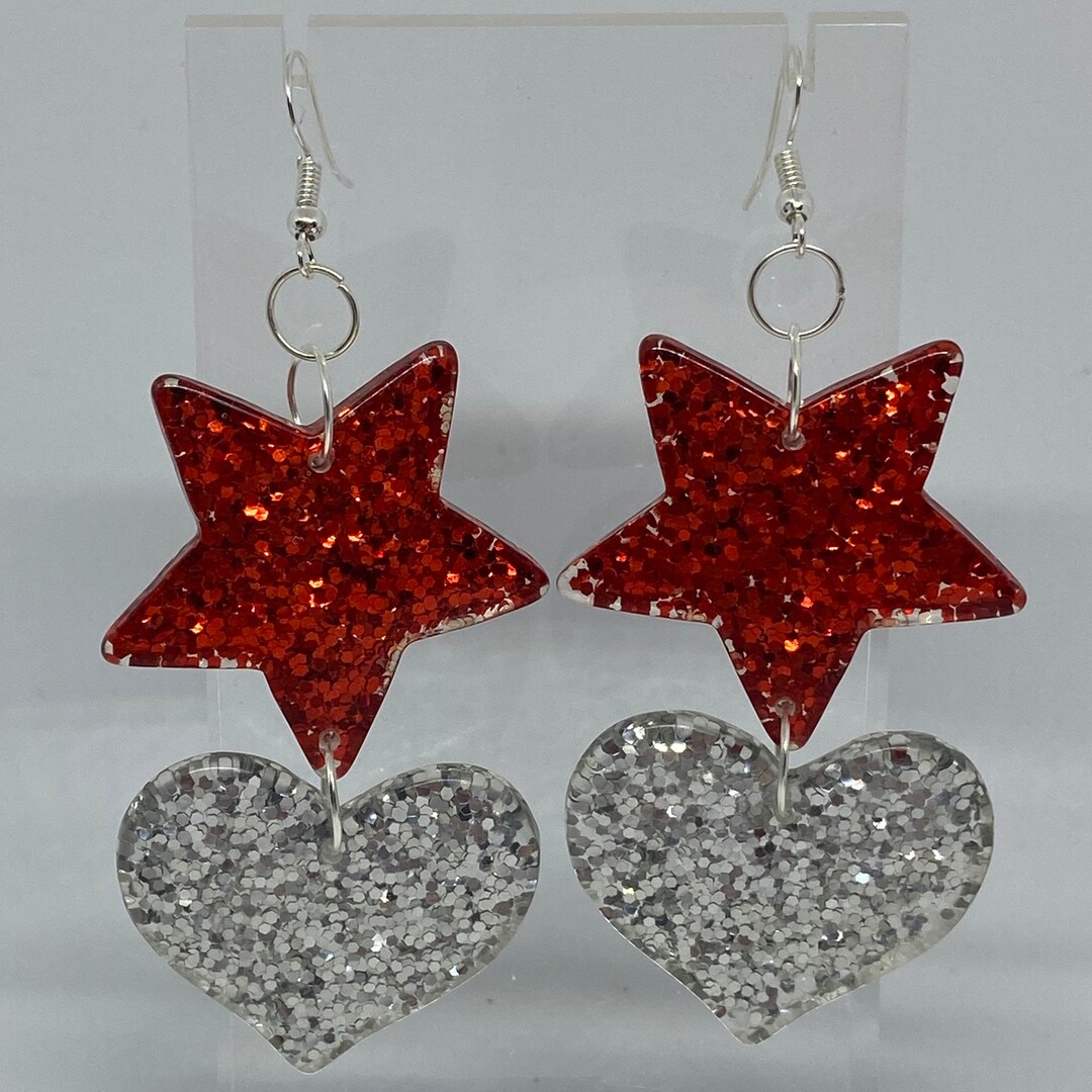 Red Silver Star Heart Holo Glitter Charms Acrylic Earrings D204 Kitsch ...