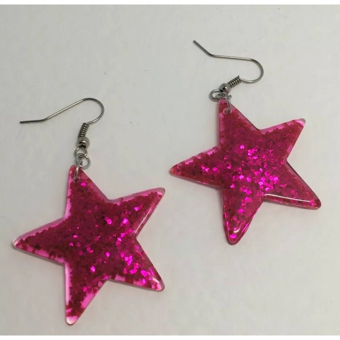Kitsch Glittery Hot Pink Stars Charm Resin Cast Earrings Gold Colour ...