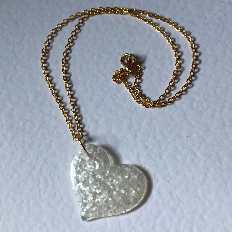 White Holo Pendant Gold Necklace Pendant Glitter Heart Kitsch - Etsy