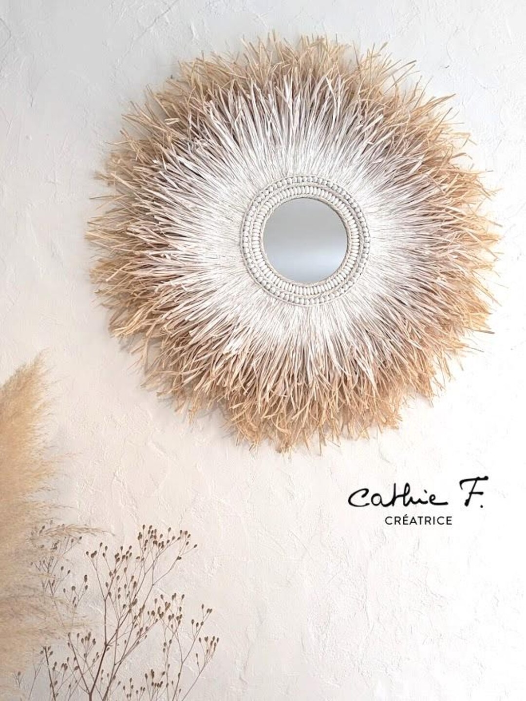 Boho Ethnic Bleached Raffia Mirror NYS 75 - Etsy