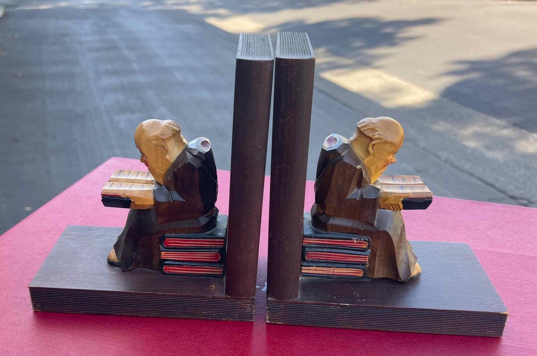 Vintage Monk Bookends - Carved Wood Book Ends, Reading Library Decor - Etsy