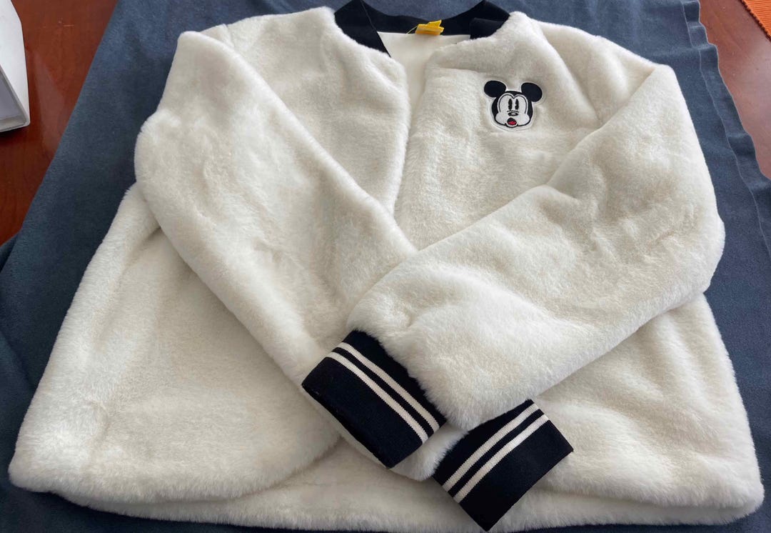 Mickey Mouse Crop Ivory Faux Fur Coat W Black Ribbed Cuffs & Sleeves ...