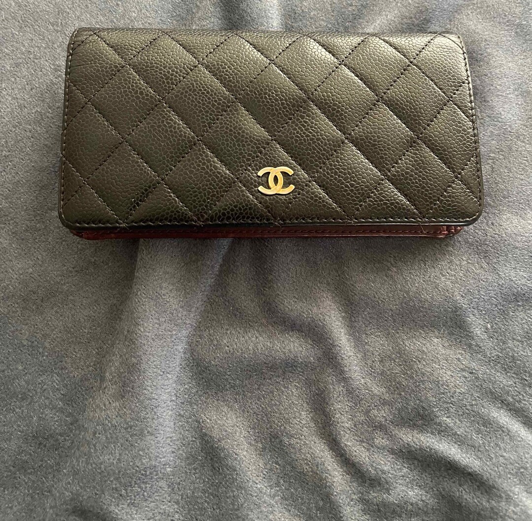Cartera auténtica Chanel L-Yen, caviar acolchado, cartera de cuero ...
