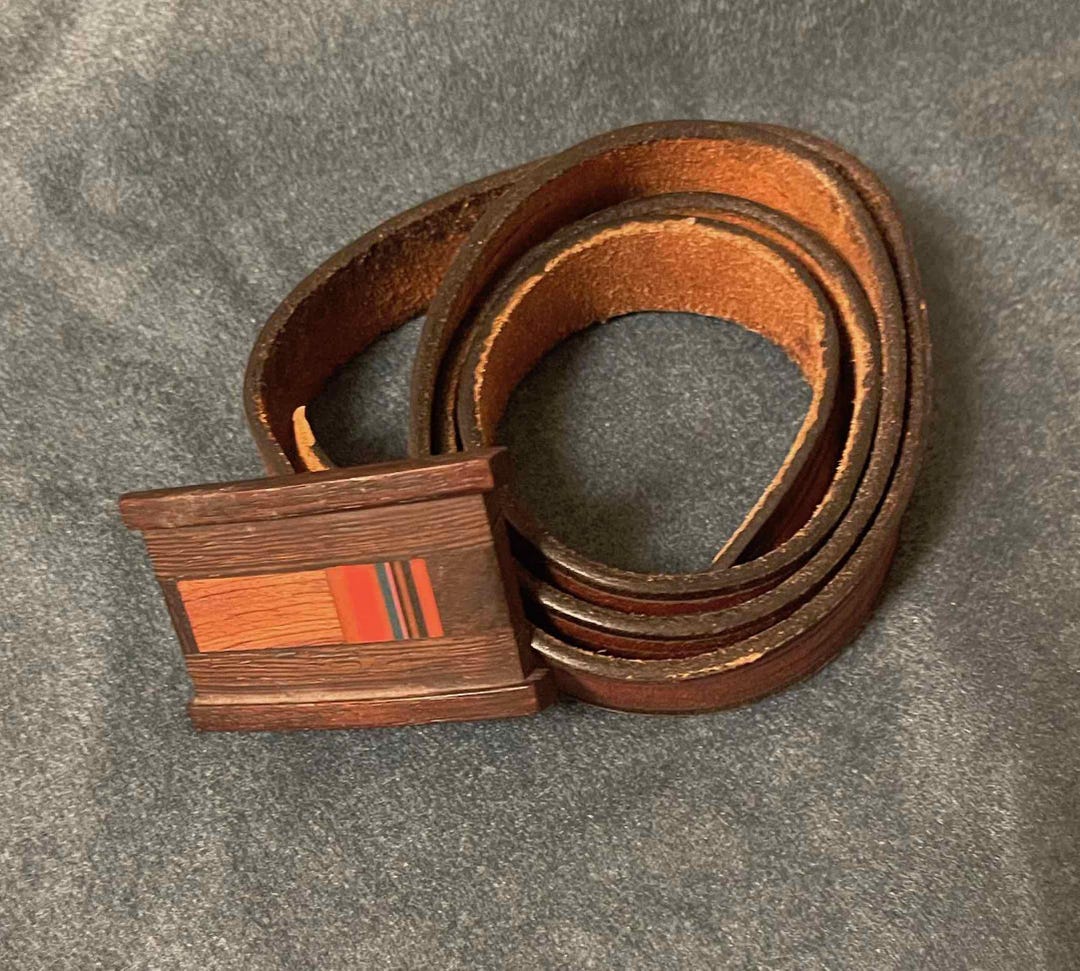 VTG Belt Leather Brown Kenneth Reid Wood Layer Buckle Boho - Etsy
