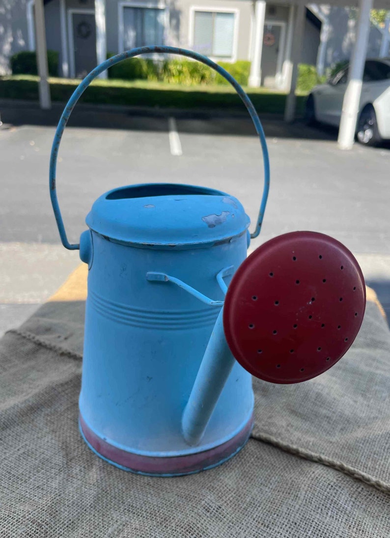 Light Blue With Red Trim Metal Rustic Watering Can. Decor. - Etsy