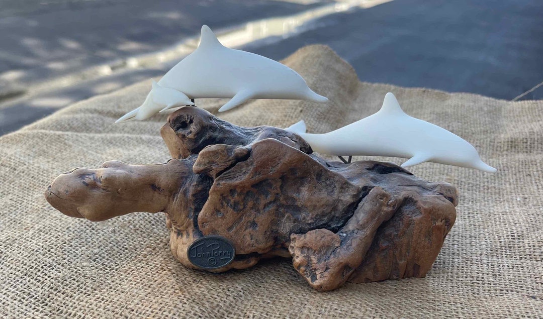 Vintage John Perry Art Sculpture Dolphin Pod With Baby Calf on Burlwood ...