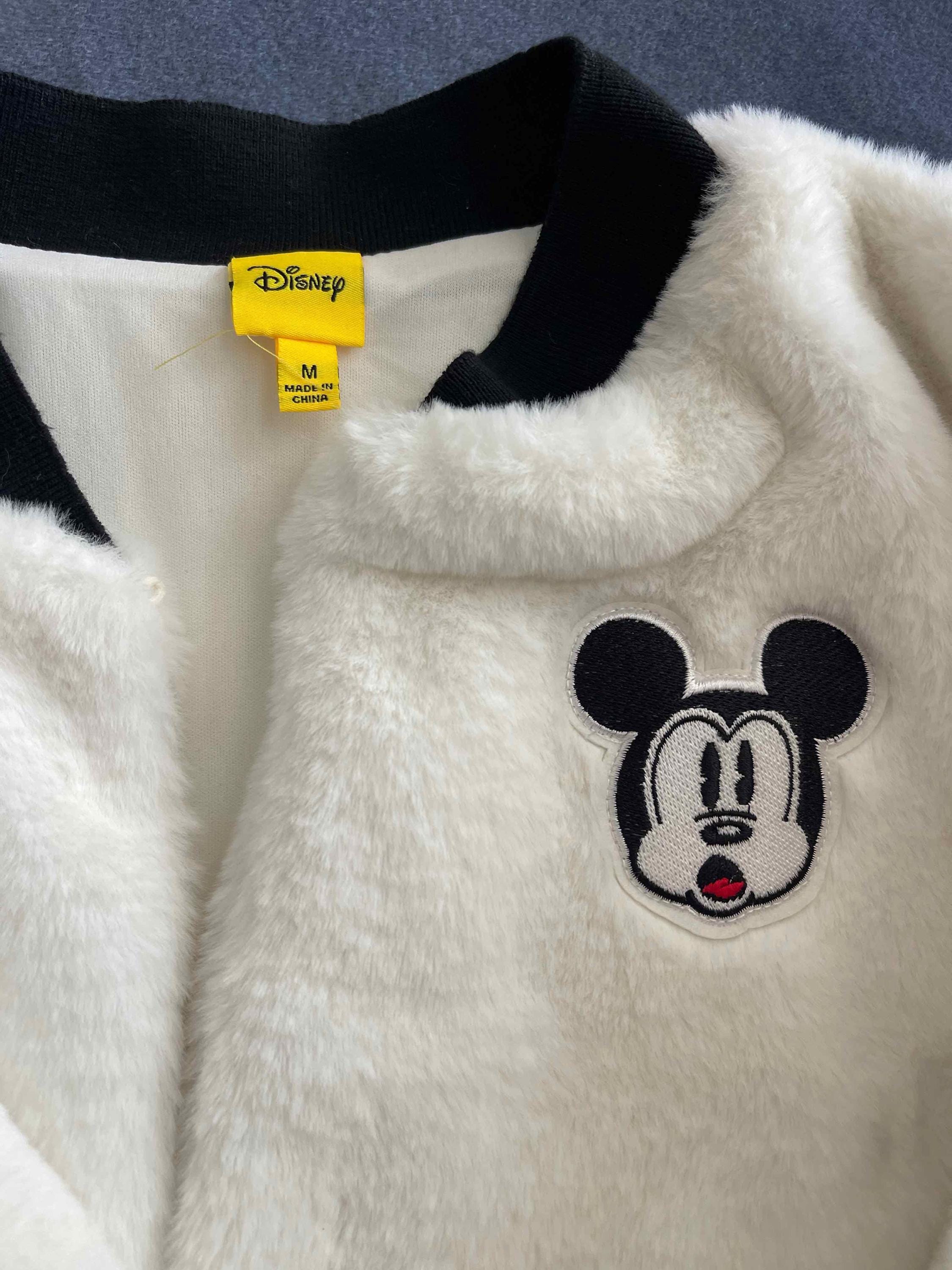 Mickey Mouse Crop Ivory Faux Fur Coat W Black Ribbed Cuffs & Sleeves ...