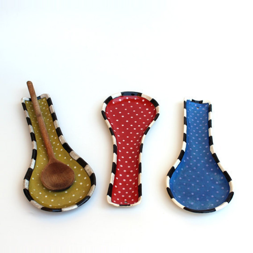 Spoon Rest Hand Painted With Polka Dots, Spoon Holder, Ceramic Stovetop ...