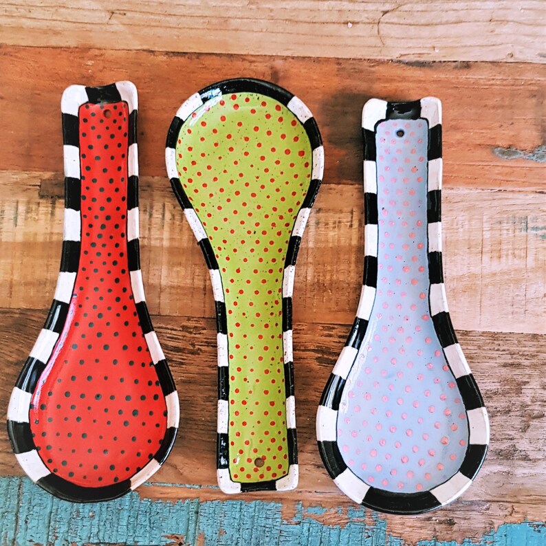 Spoon Rest Hand Painted With Polka Dots, Spoon Holder, Ceramic Colorful ...