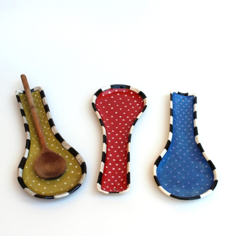 Polka Dot Ceramic Spoon Rest: Hand Painted Colorful Kitchen Utensil ...