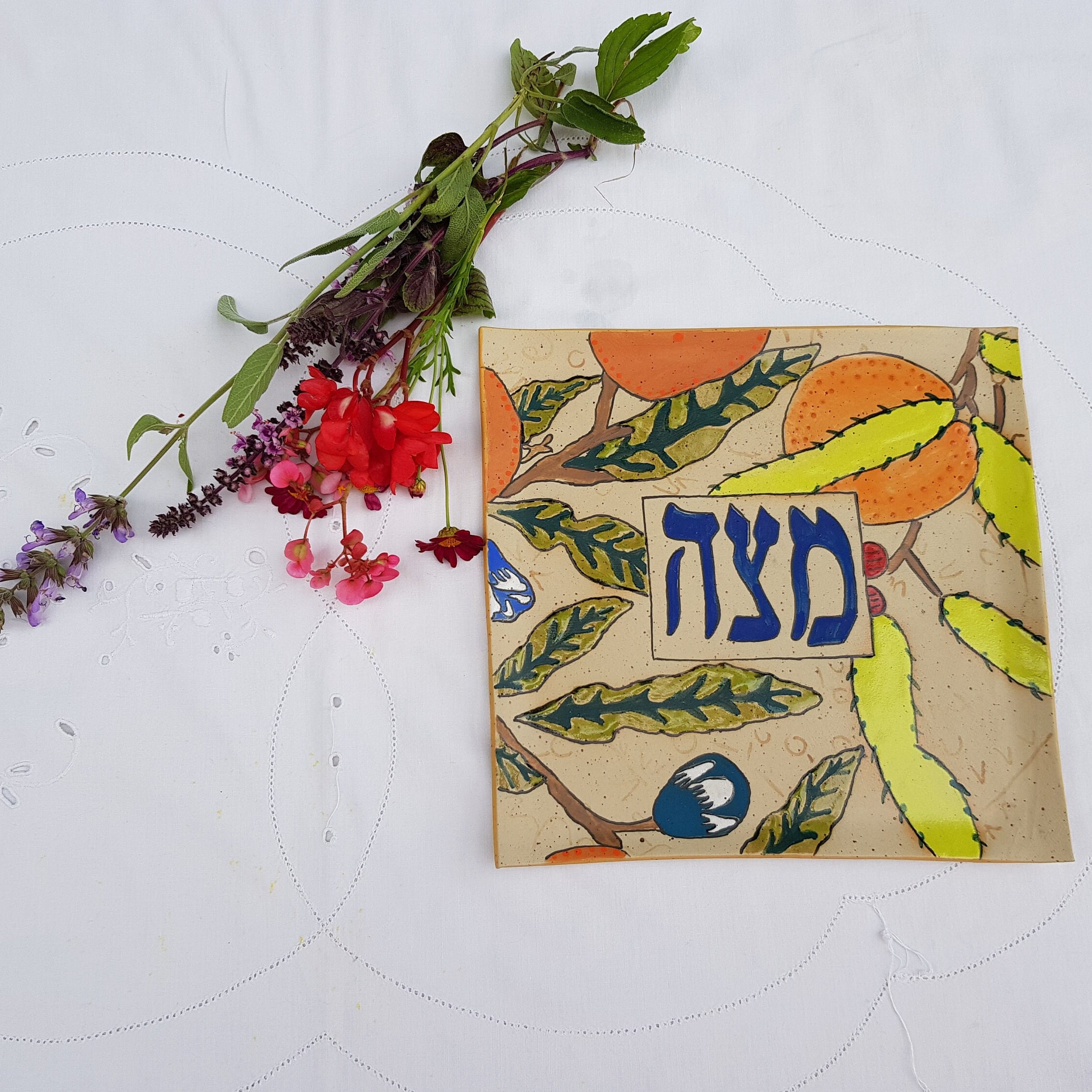 Plato del Seder de Pascua, Judaica Art Hecho a mano, cerámica pintada a ...