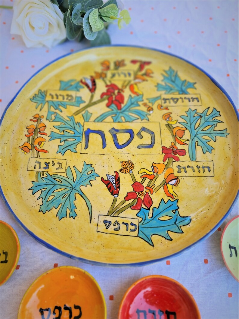 Passover Seder Set, Floral Judaica Israel Art, Ceramic Hand Painted ...