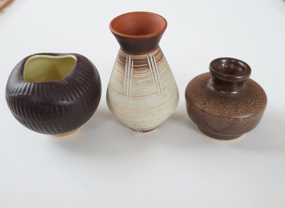 3 Vintage Small Pottery Vases. West Germany Silberdistel label 22 ...