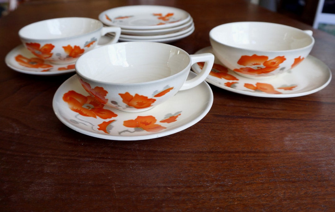 Beautiful Vintage Poppy Tea Cups (3) and Saucers (7), Air Brush ...