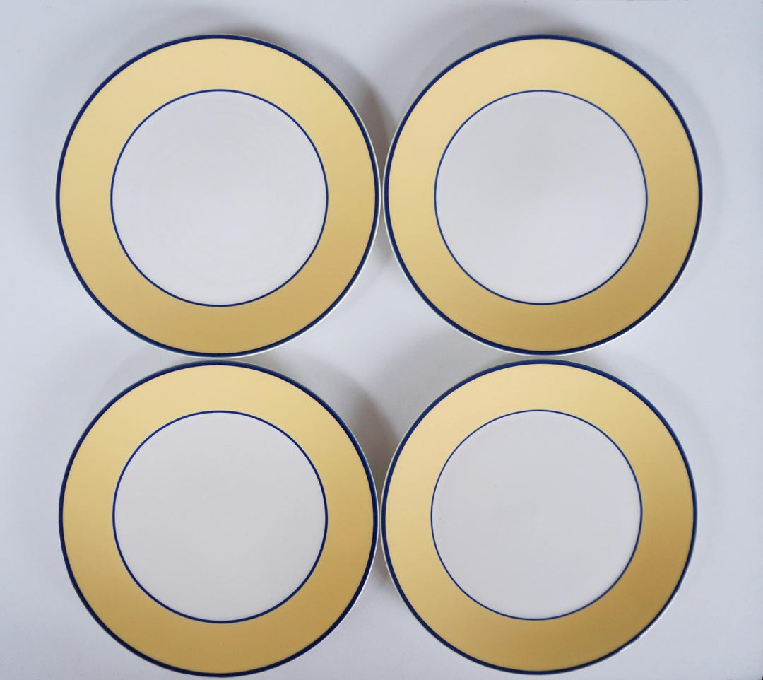 Set of 4 Large Dinner Plates Light Yellow, Fine Blue Rim. Italian ...