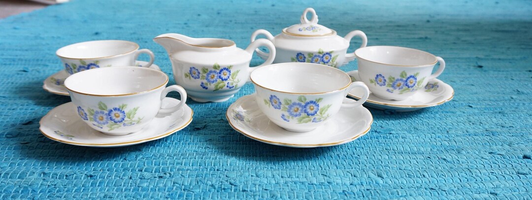 Vintage Czech Porcelain Set: 4 Tea Cups, Saucers, Sugar Bowl, Creamer ...